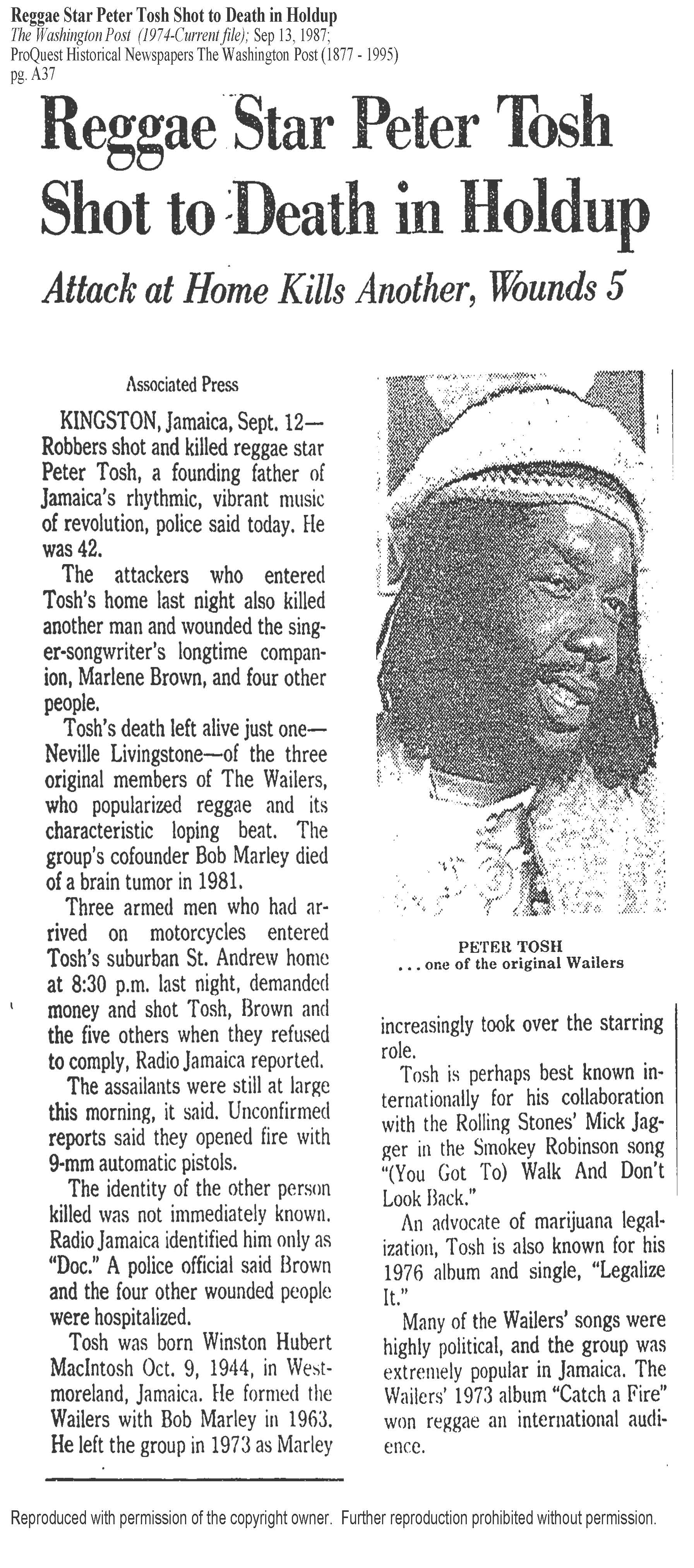 Peter Tosh: Island Zorro (Roxy 1978) plus ‘Who Killed Peter ...