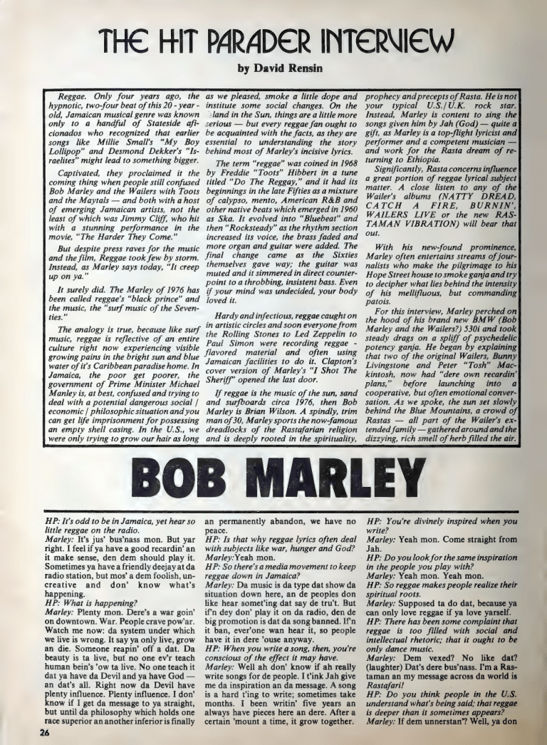 Bob Marley Interview | Hit Parader Magazine | 1976 – LEGENDARY REGGAE